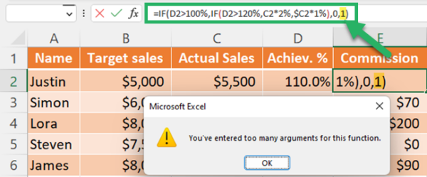 How to Fix: "You've entered too many arguments..." Excel Error